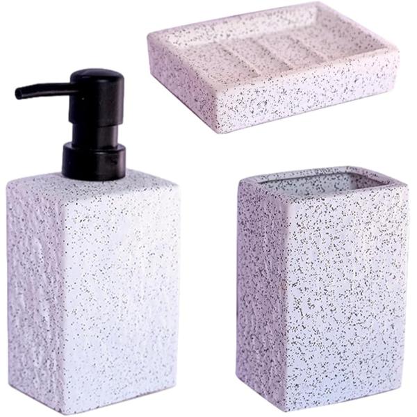 バリエーションコード : 2BUTHJ31GRまるで石のような高級感あふれるバスルーム3点セット。ソープディスペンサー、歯ブラシスタンド、石鹸置きがセットになっており、統一感のある空間を演出します。耐久性に優れた素材を使用し、見た目は重厚な...