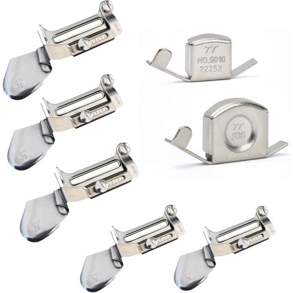 バリエーションコード : 2BUWFK3Y5D仕上がりサイズ1/8〜5/8まで対応の三巻ラッパ縁アタッチメント5種と大・小定規セット。プロ仕上げの三つ折り縫いを家庭用ミシンで実現します。各ラッパをミシンに取り付けるだけで、誰でも簡単に三巻縫...