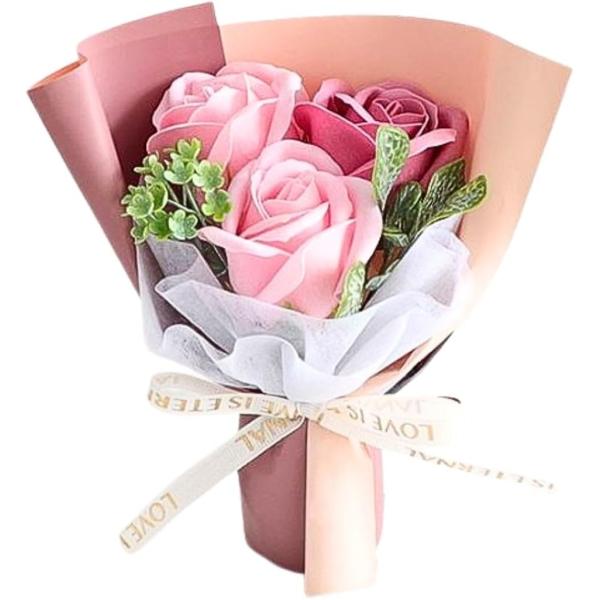 「リアルな花のような美しさ」石けん素材で作られた精巧な造花は、咲き方や色味も自然で、生花のような繊細なディテールが特徴です。手作業で丁寧に仕上げられています。「ほのかに香る癒しの香り」ピンクのバラ3本を束ねた華やかな花束は石けんの優しい香り...