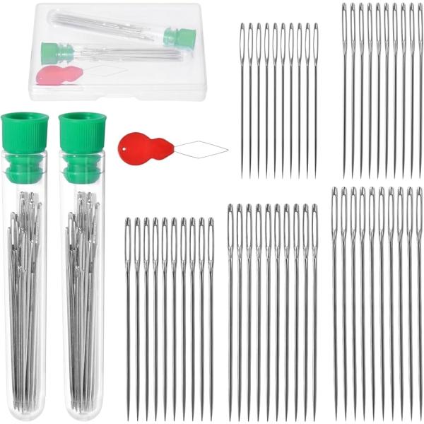 「セット内容」25本の大目ミシン針（収納チューブ付き）x2、赤針糸通しx1、透明収納ボックスx1。「材質」高品質のステンレス鋼、鋭い針の先端、滑らかな表面、曲がること、およびさび抵抗力がある丈夫な作られる「複数のサイズ」大目縫い針50本（5...