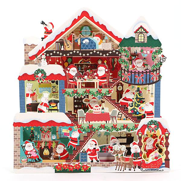 おもちゃの工房や書斎、キッチン、屋根裏の寝室など、サンタたちの暮らしが細かく描かれています。3層構造で各部屋の立体的な空間をお楽しみいただけます。すみずみまでじっくり眺めたくなる、ミニチュア感たっぷりのドールハウスのようなカードです。立てて...