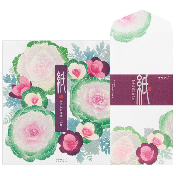 華やかで美しい「葉牡丹リース柄」の便箋と封筒のセット。リース状の葉牡丹に輝きのあるパールシルク印刷が施され、華やかに表現されています。年賀状、寒中見舞い、お歳暮の返礼状などにぜひご活用ください。◇便箋：H177×W168×D4mm 、16枚...