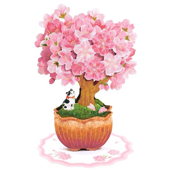 桜の木の下にちょこんと座った三毛猫が可愛いアクセントの春カードです。ラメ加工が施された桜の花で、春の訪れを伝えましょう。海外のご友人にも喜ばれる、飾れる立体カードです。◇パッケージサイズ：H172×W123×D3mm◇カード：H163×W1...