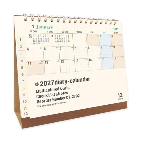 手帳（ダイアリー）のような感覚で便利に使える、リュリュの2027年版「シンプルダイアリーカレンダー」です。ビジネスシーンやウィークリー管理に最適な月曜始まりタイプ。裏面は自由度の高いグリッドメモ（5mm方眼＆チェックリスト）になっており、そ...