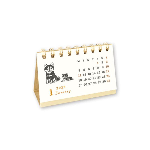 省スペースで置き場所を選ばない、名刺サイズ（H60mm×W91mm）のリュリュ2027年版卓上ミニカレンダーです。イラストレーター中島良二さんが描く、シンプルで力強いタッチの親しみやすい動物イラストを収録。シバイヌ、パンダ、ペンギン、シロク...