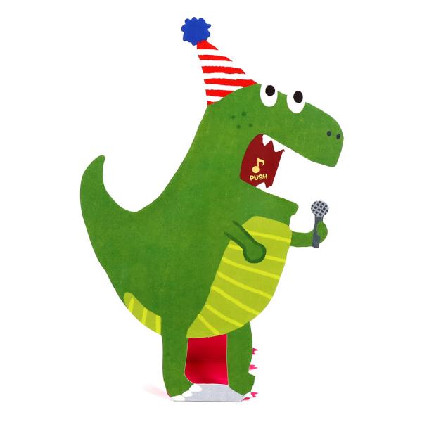 熱唱系アニマルズシリーズ「恐竜」のお誕生日お祝カードです。「PUSH」ボタンを押すと、歌が得意な恐竜が、自慢のダミ声で心の底からバースデーソングを熱唱！お誕生日をお祝してくれます。メッセージ用バースデーケーキのミニカード付き。立てて飾れるの...