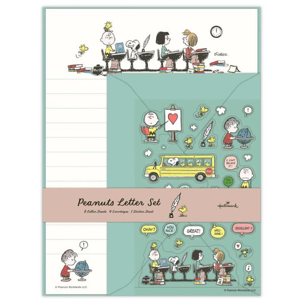 スヌーピーと仲間たちが一生懸命勉強中！ くすみグリーンが可愛いレターセット。「Stay Positive」をテーマに仲間と一緒に日々を楽しむスヌーピーを描いた、前向きなムード溢れるステーショナリーコレクション。たくさんの柄が楽しめるアレンジ...