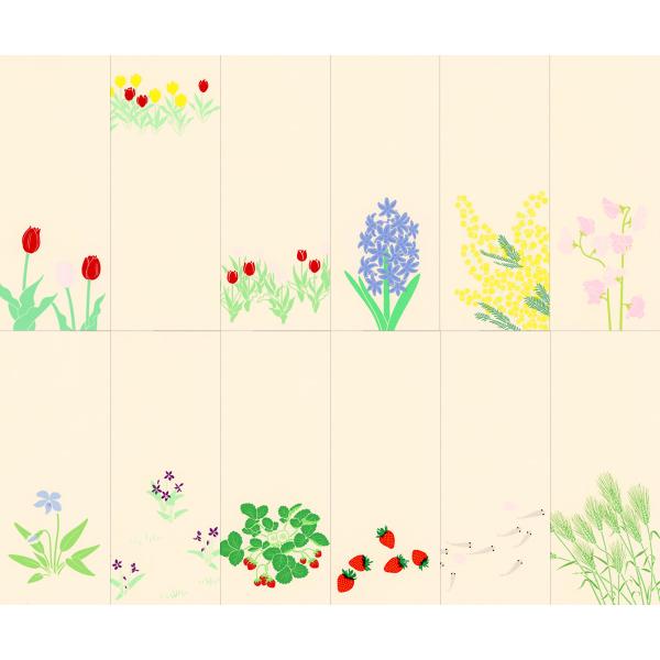 チューリップやミモザ、スイートピーなど、春の草花やモチーフをあしらった、鳩居堂のはがき12枚（12柄）セットです。やさしく上品な絵柄で、少し和の雰囲気も感じられる大人向けのデザイン。季節のご挨拶はもちろん、海外へのお便りやちょっとした贈り物...