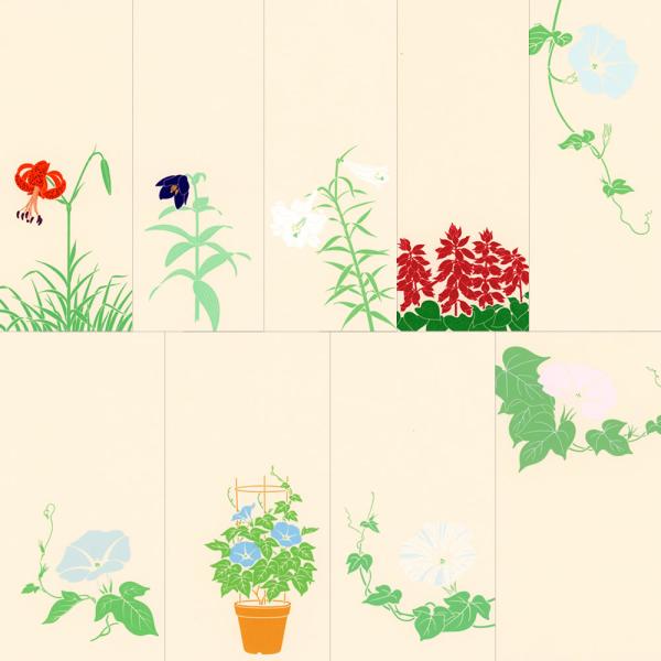 百合・サルビア・朝顔の、夏の草花をあしらった、鳩居堂のはがき9枚（9柄）セットです。やさしく上品な絵柄で、少し和の雰囲気も感じられる大人向けのデザイン。季節のご挨拶はもちろん、海外へのお便りやちょっとした贈り物にもおすすめです。シルクスクリ...
