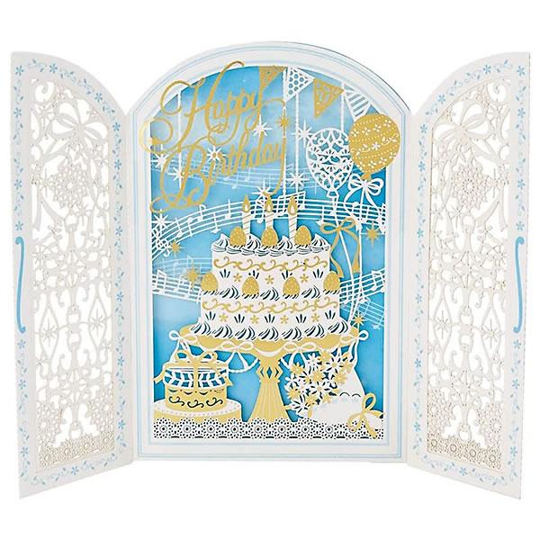 繊細なレーザーカットと金箔加工が施された華やかなお誕生日お祝いカードです。扉を開くと中からケーキやプレゼントなどが出てきます。立てて飾れるので、カードとしてだけではなく、インテリアとして飾ってもお楽しみ頂けます。◇パッケージサイズ：W125...