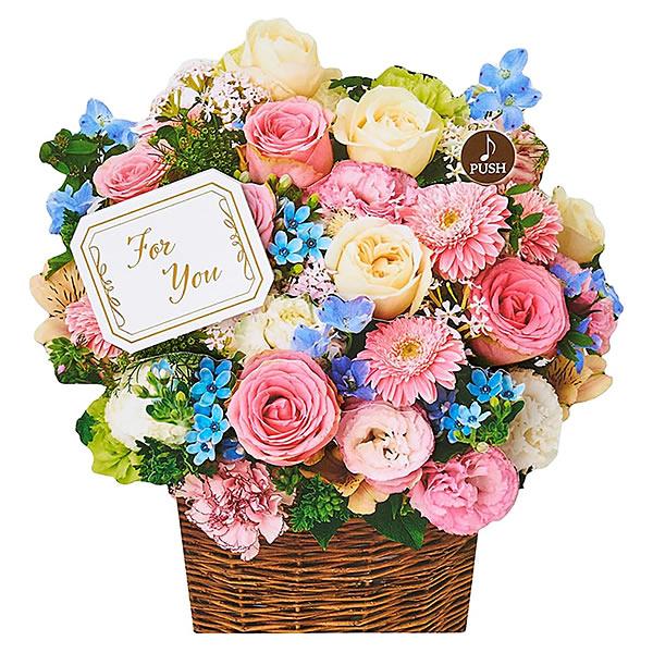 実際のフラワーアレンジメントを写真に撮り、3層に重ねて立体感を出した花かごの多用途カードです。ボタンを押すと、「Story」のメロディーが流れます。同封されている4種類のプレートを貼って、目的別に贈ることができます。◇パッケージサイズ：W1...