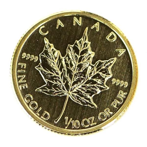 【商品名】: メイプルリーフ金貨 1/10oz 2010年 メープルリーフ金貨 1/10オンス 純金 コイン K24　【サイズ】: /直径:16mm 重さ:3.1g　【付属品】: 本体のみ（付属品はありません）　【ランク】: 展示未使用品　...