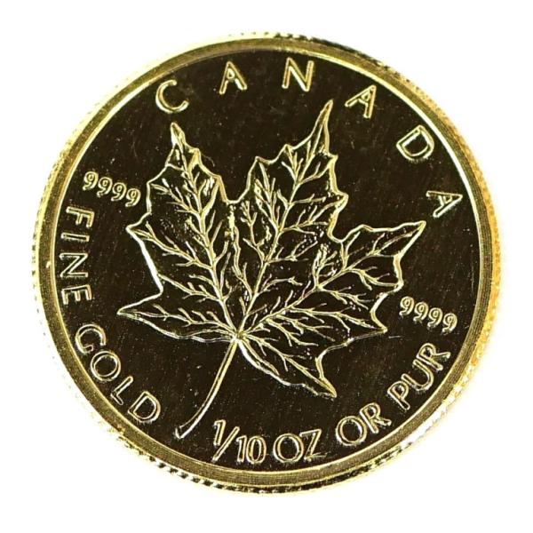 【商品名】: メイプルリーフ金貨 1/10oz 2010年 メープルリーフ金貨 1/10オンス 純金 コイン K24　【サイズ】: /直径:16mm 重さ:3.1g　【付属品】: 本体のみ（付属品はありません）　【ランク】: 展示未使用品　...