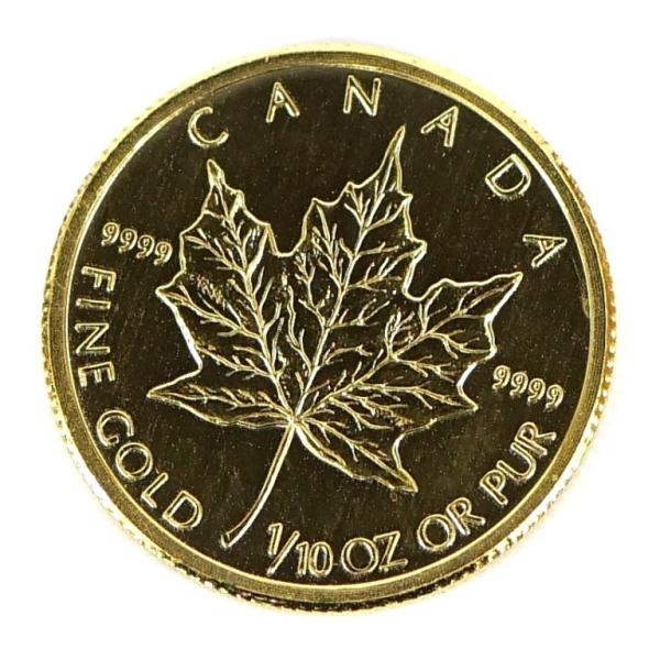 【商品名】: メイプルリーフ金貨 1/10oz 2010年 メープルリーフ金貨 1/10オンス 純金 コイン K24　【サイズ】: /直径:16mm 重さ:3.1g　【付属品】: 本体のみ（付属品はありません）　【ランク】: 展示未使用品　...