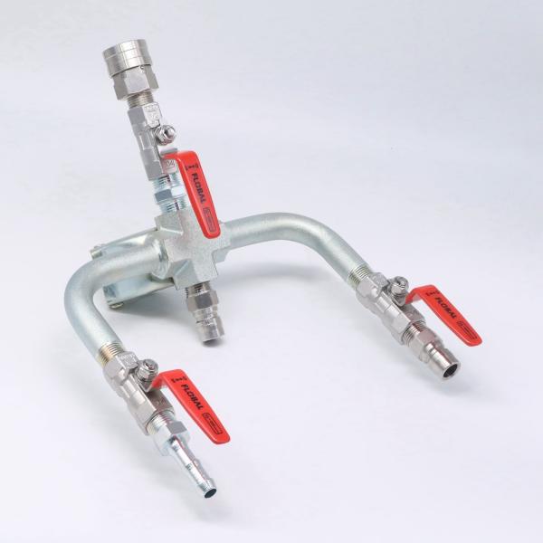 建築工事で仮説パイプに取り付けて各階への給水や上層階での高圧洗浄を可能とするジャンクションバルブです。ワンタッチカプラー1/2仕様分岐片側選択・ワンタッチカプラープラグ・ワンタッチカプラーソケット