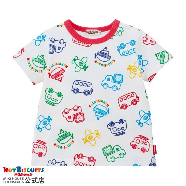 ミキハウス ホットビスケッツの乗り物総柄Tシャツ。クレヨンタッチで描かれた、お子さまの大好きな乗り物とビーンズを散りばめた、カラフルで夏らしい、さわやかなデザインです。丈夫なバインダーネックで首元がよれにくく、お洗濯を繰り返しても型崩れが少...