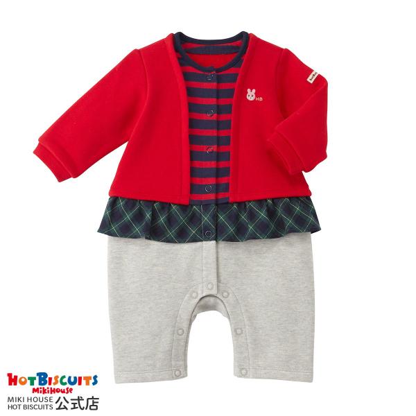 ミキハウス ホットビスケッツの7分丈カバーオール(ロンパース)。カーディガンを羽織ったような、重ね着風のカバーオールです。チェック柄の裾フリルがかわいいデザイン。股下は7分丈になっているので、少し大きめでも着ていただきやすくソックスなどで足...