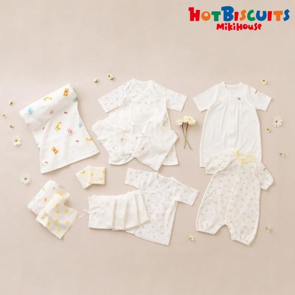 ミキハウス ホットビスケッツの春夏用 出産準備特別セット。〜もうすぐ赤ちゃんをお迎えする皆さんへ〜基本の新生児肌着10枚(短肌着5枚、コンビ肌着5枚)、プレオール2枚、ガーゼハンカチ2枚、ガーゼタオル2枚、ガーゼバスタオル1枚 の計17点を...