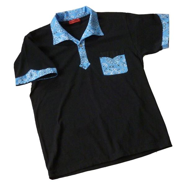 無地の黒Ｔシャツに、バンダナ柄の衿・袖口・ポケットを取り付けたパターンの、衿付きのＴシャツ（ポロシャツ）です。サイズはメンズのＭサイズとLサイズがございます。衿はイタリアンスタイルのオープンカラーです。ベースのＴシャツは、厚手の６.２オンス...
