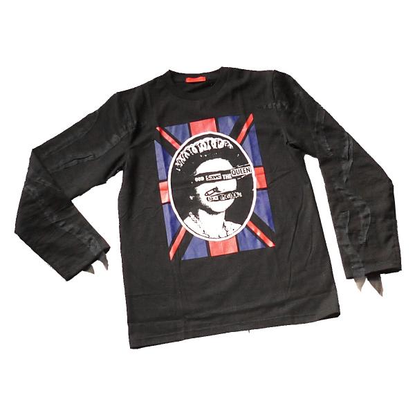 SexPistolsの代表曲ゴッドセイヴザクイーンを、イメージしたデザインの長袖Ｔ-Shirtです。ガーゼ素材の袖が付いた、特徴的なデザインです。ガーゼ素材には薄手の綿オーガンジーが、ランダムに縫い付けられいるＰＵＮＫスタイルです。ストリー...