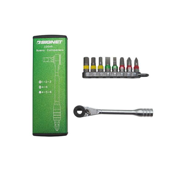 メーカー名：SIGNET(シグネット)品番：22049商品名：ミニラチェセット グリーン●ケースカラー：グリーン●ミニラチェット全長(mm)：93●ヘッド幅(mm)：15●ヘッド厚み(mm)：10●ギア数：52●ビット全長(mm)：25●ケ...