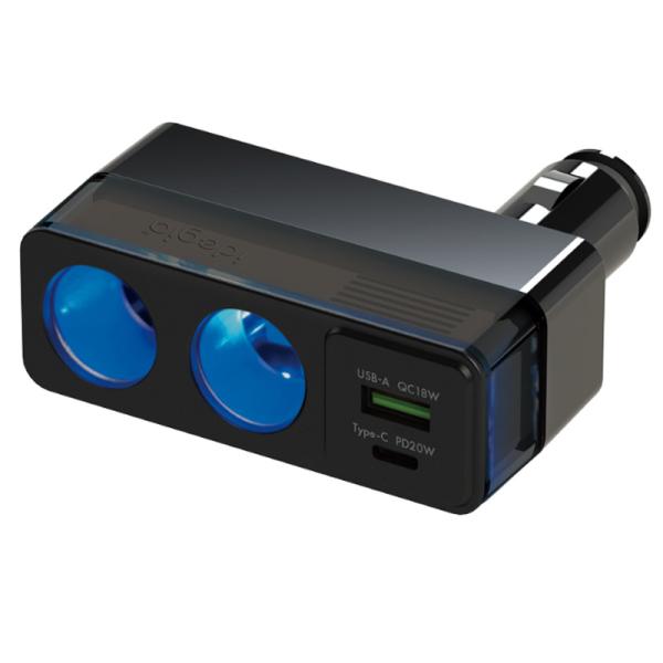 クリアパーツと金属プレートの組み合わせで高級感があるデザイン2ポート搭載DC12V/24V兼用カーソケット+2ポートUSB(PD+QC) *USBケーブルは付属していません。ソケット部は最大100Wまでの機器に対応USB ポートはPD対応最...