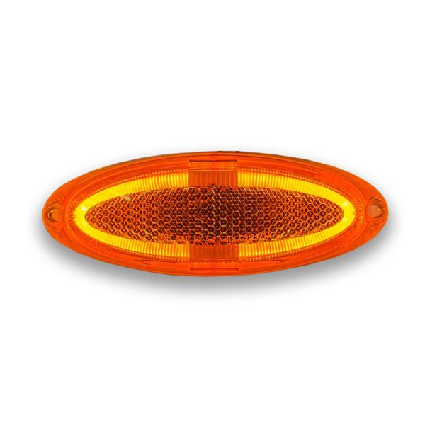 LEDマーカーランプ 楕円形・動作電圧 : 12V/24V共用・材質 : レンズ部/PMMA ボディ部/PC・防水性能 : IP67・発行色 : アンバー・製品寸法 : W124mm/H45mm/D14mm・取付ピッチ : 112mm・EM...