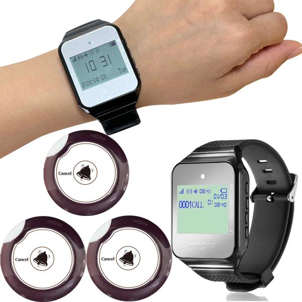 呼び出しベルの腕時計型受信機セットです。送信ボタンを押すと送信ボタン番号が表示されます。※番号の変更可能です。呼出しチャイムの受信機モニターと併用可能です。ワンオペ時やいつもモニターを確認できない場合にとても重宝します。人件費を削減し、サー...