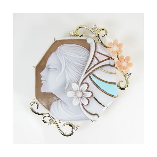 【サイズ】横5.0cm×縦5.4cm【重さ】 14.9g 【枠素材】 K18 【珊瑚種類】 桃珊瑚、トルコ石、コンクシェル、ダイヤ　0.16ct 【商品説明】カメオは、１９７４年　イタリア　ナポリ生まれＲｏｓａｒｉｏ　Ｍｅｎｎｅｌｌａ／ロザ...