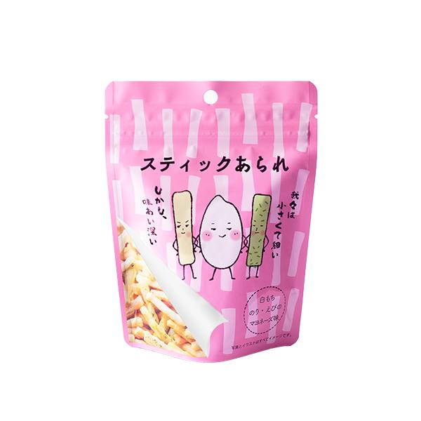 小さくて小枝のように細いあられです。マヨネーズ味をベースにのり、えびで更に味付けに変化をだしてます。［分類］あられ・おかき・せんべい・かきもち