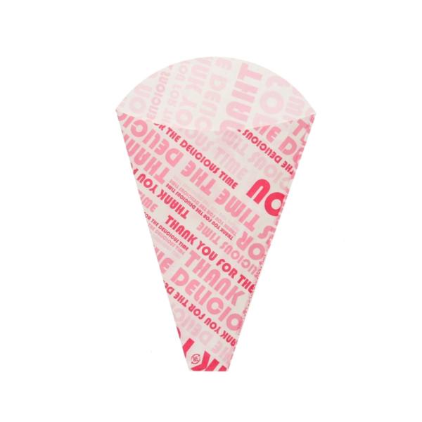 材質：片ツヤ晒100gサイズ：幅120x高190mm＊文化祭やバザー、お祭り、縁日など各種イベントで本格的なクレープ屋さんができる三角の袋です。＊店関係の方にもおすすめです。