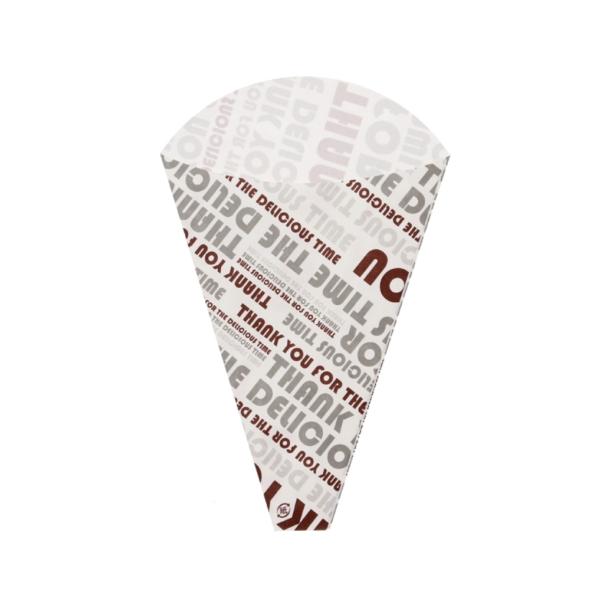 材質：片ツヤ晒100gサイズ：幅120x高190mm＊文化祭やバザー、お祭り、縁日など各種イベントで本格的なクレープ屋さんができる三角の袋です。＊店関係の方にもおすすめです。