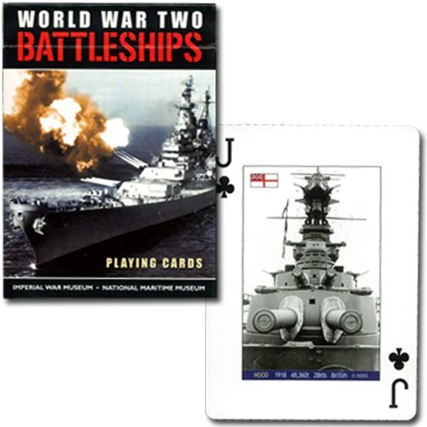 第二次世界大戦中に活躍した主要各国の戦艦（=BATTLESHIPS）の写真をあしらったトランプ。進水年、トン数、スピード、火力などの仕様も記載されています。アメリカ、イギリス、ドイツはもとより、日本海軍の名艦も登場しています。54枚全て別柄...