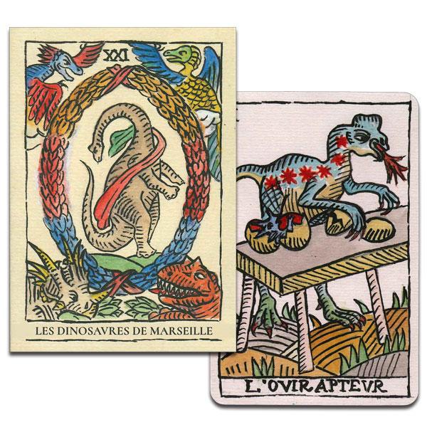 【商品特徴】カードは、大アルカナ22枚、小アルカナ56枚、さらにエクストラカードが18枚含まれています。カードの名称はすべてフランス語で記載されており、大アルカナのカードには、恐竜や古代生物の名前（例：「Le Deinonyche」「Les...