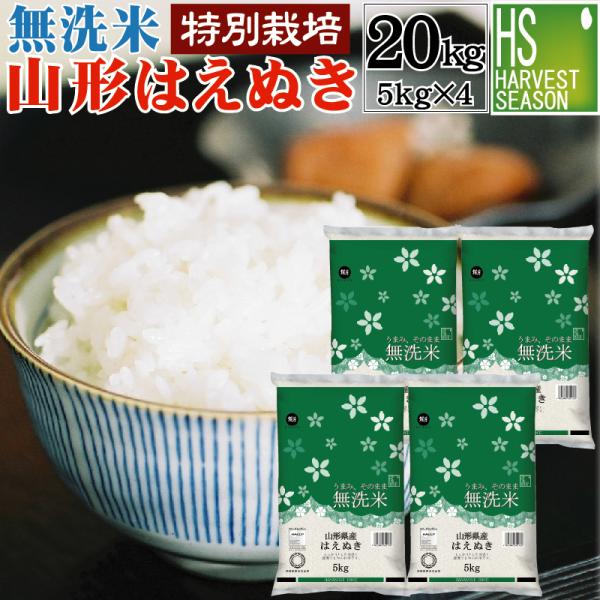 無洗米 はえぬき 5kg×4袋 山形県産 20kg  送料無料　TOH　Kv 20周年記念大特価＆ポイント5倍（6/13 11:59迄）■節減対象農薬と化学肥料を抑えて栽培された特別栽培米お弁当にもおすすめの、冷めても美味しいお米の代表格「...