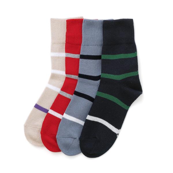 メンズブランドFUJITOのデザイナー藤戸剛による靴下ブランド OBSCURE SOCKS（オブスキュアソックス）のBOUGAINVILLEA（ブーゲンビリア）。つま先のラインがアクセントの、ベージックなボーダー柄ソックスです。ズリ落ちを防...