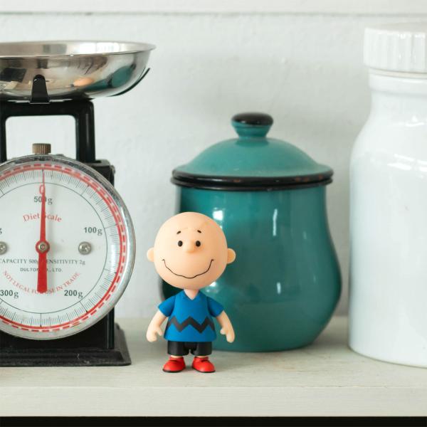 バレンタインデーをテーマにしたコレクション。青いシャツを着た「チャーリー・ブラウン」のリアクションフィギュアです。約9.5cmほどの手のひらサイズ。頭や手足が動かせるのでお好きにポージングさせてください。バレンタインデーカードのアクセサリー...