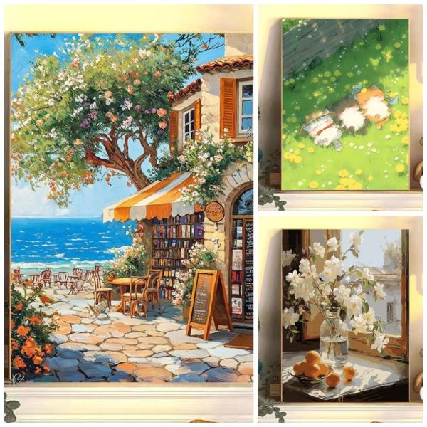 大人の 塗り絵 3タイプ  中サイズ本格的な絵画が簡単に作成できるキット枠付きキャンパスの番号に同じ番号のアクリル絵の具を塗るだけで完成お子様や初めての方でも作成できますカラーガイドに頼らず自分の好みで色を塗るのもおすすめです。重ね塗りで立...