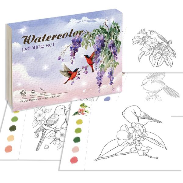 鳥と花の水彩画セット　20枚１セット本格的な水彩絵画が簡単に作成できるキット水彩ならではの透明感と滲みの色合いが美しいデザインです。色んな表情の可愛い鳥たちが20種類描けます。完成したら切り取ってお部屋のインテリアやプレゼントにも＜使用方法...