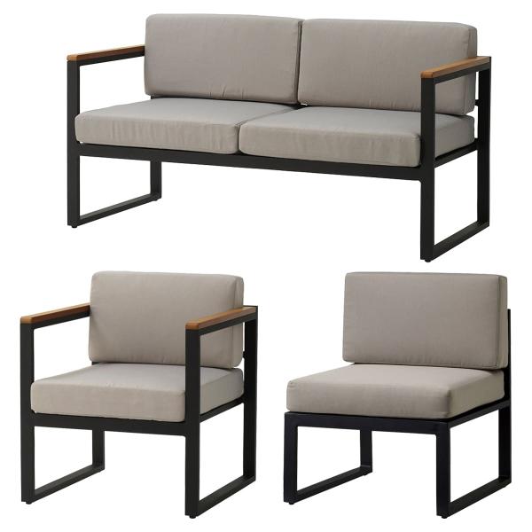 ■主材：アルミ角（粉体塗装、ブラック）■背座部：クッション付（マジックテープ固定式）■張地：布（グレー）■肘部：人工木材■脚部：アジャスター付■重量（肘付）：7.7kg（M）／16.8kg（L）■重量（肘無）：6.2kg（肘無M）／12.6...