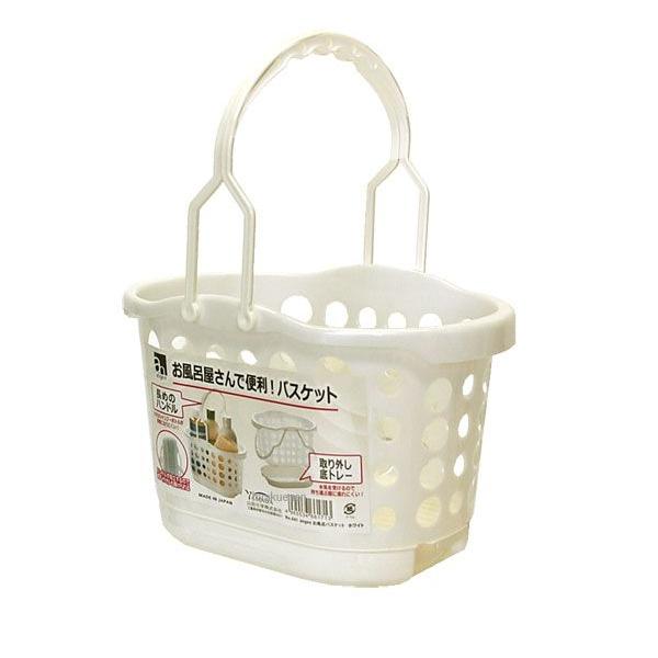 お風呂屋さんで便利！バスケット！長めのハンドルで大きなシャンプーボトルが邪魔になりにくいハンドルが自立するのでボディタオルも掛けられる取り外し底トレーで持ち運ぶ際に濡れにくい商品サイズ：幅約24.4×奥行17.2×高さ29.5cm材質：ポリ...