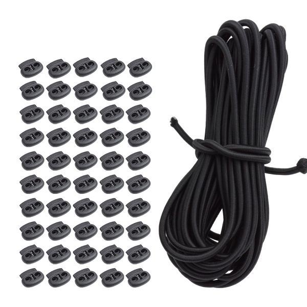 【ゴムロープ】長さ(約)：10m太さ(約)：5mm材質：ゴム、ポリエステル重量(約)：172g (10m) 製造国：中国【コードストッパー】サイズ(約)：縦20mm×横22mm×厚6mm穴直径(約)：5mm材質：プラスチック入数：50個重量...