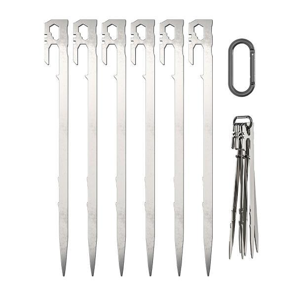 ■仕様サイズ(約)：28cm×2.5cm×0.3cm材質：ステンレス鋼セット内容：ペグ×6、カラビナ×1重量(約)：66g (1本)製造国：中国■注意事項※説明書や撮影用小物は付属しておりません。※輸入商品のため、パッケージに製造や輸送時に...