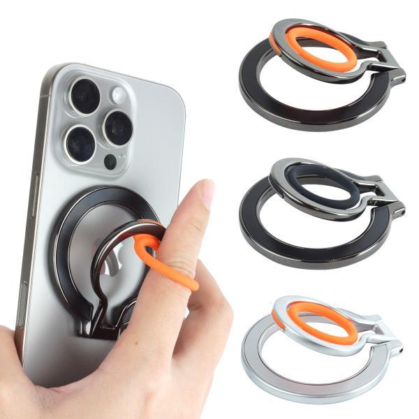 Magsafe対応マグネット式スマホリング。MagSafeを搭載したiPhoneに取り付けてスマートフォンの落下防止や持ちやすくするためのアイテムです。肌に優しいシリコン素材で指が痛くなりにくい！自由自在に角度調節が可能！金属リングが付属し...