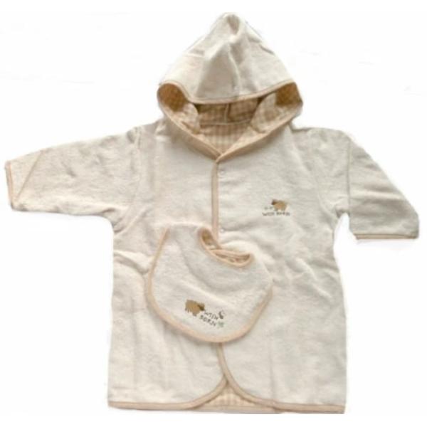 オーガニックコットン使用のタオル製ベビーバスローブを作りました。表タオル　裏ガーゼの２枚合わせ。通気性に優れ吸水性にも富んだ高級素材使用です。お子様のお肌に直接触れる裏面は柔らかなガーゼで肌触りは柔らかくストレスもなく快適です。フードが付い...