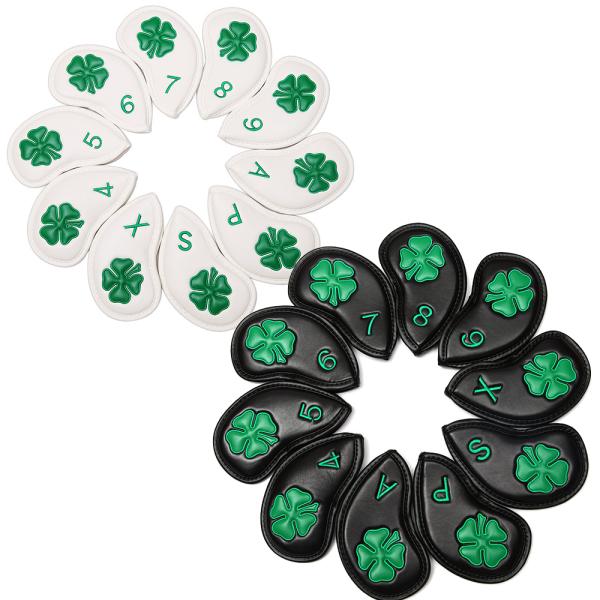 アイアンカバー ゴルフカバー レザー  防水 4番〜9番 AW PW SW X 10枚 セット 番手付き クローバー模様