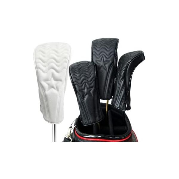 高級PUレザー ゴルフヘッドカバー ドライバー用 440cc 460cc ウッド用 ユーティリティ UT用 カバー スターSTAR 黒 白　3点セット