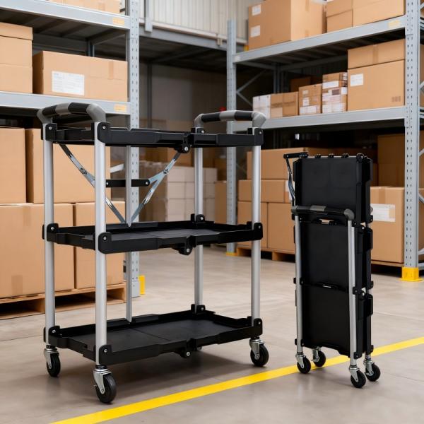 【折り畳み工具ワゴン】作業現場に必要な工具や設備をまとめて運べる一台！広々とした3段棚には、ドライバーセットやハンマー、ケーブル類などの大型工具もすっきり収納。耐荷重90kgで、重い機械部品の移動も楽々サポートします。【人間工学に基づいた設...