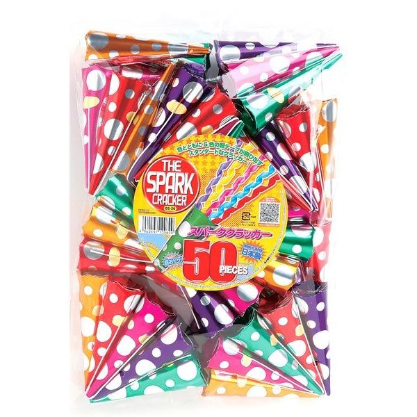 パンッという音とともに5色の紙テープが飛び出す　 最もポピュラーなクラッカーです。　 　スリムな本体と水玉のデザインがオシャレです。　　※テープは離れて飛んで行きます。　　