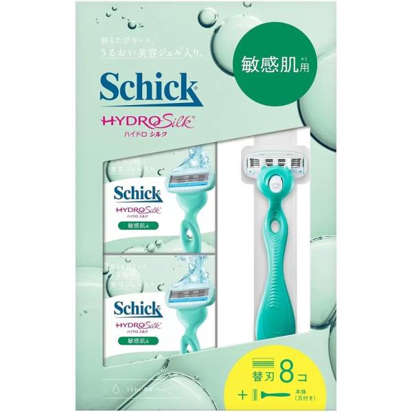 Schick シックハイドロシルク 敏感肌用 クラブパック本体刃付＋替刃8個  替刃も8個付いた大容量パック！摩擦に敏感な肌をしっかり守ります。 身体の立体的なカーブに沿ってそれるスキンフィット5枚刃で簡単にすべすべ肌に。刃の一枚一枚につい...